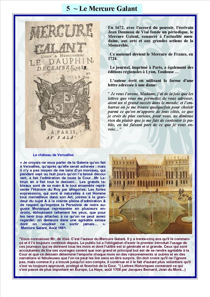 Le Mercure Galant, la vie mondaine et galante, le château de Versailles ...